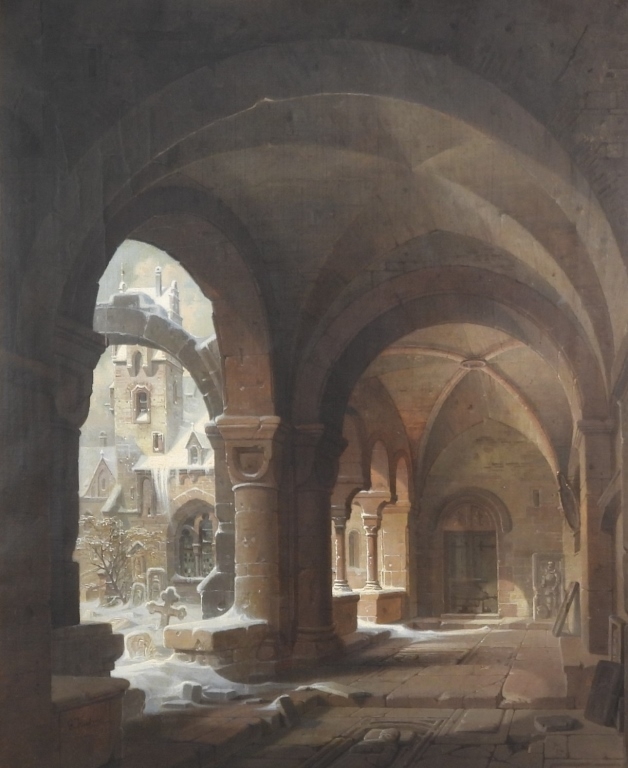 Gustav Adolf Hahn | A darkened hallway beside a snow covered graveyard ...