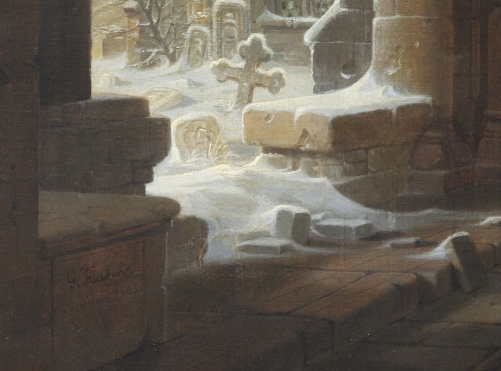 Gustav Adolf Hahn | A darkened hallway beside a snow covered graveyard ...