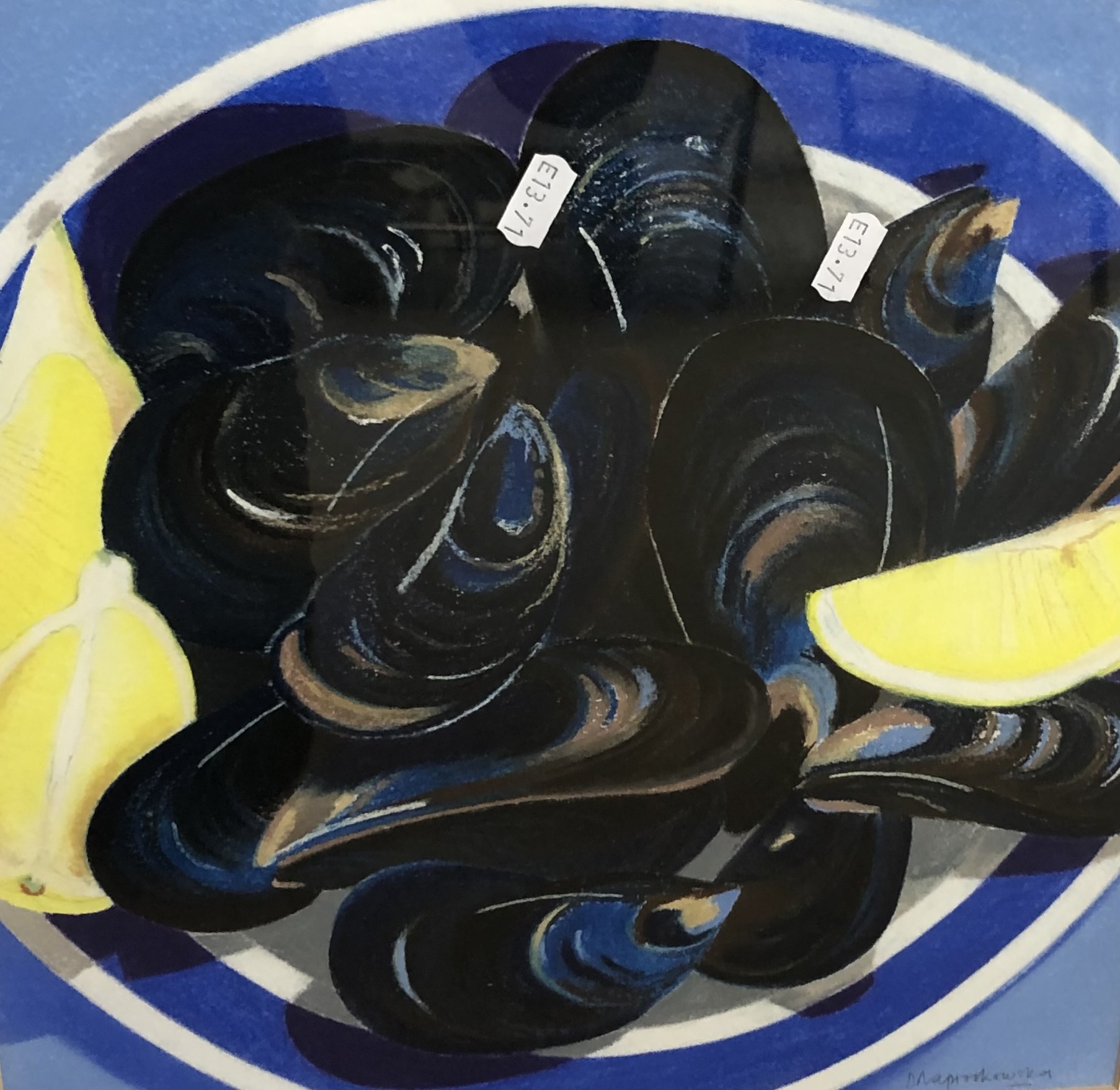 Danka Napiorkowska | Still Life: mussels and sliced lemon on a blue ...