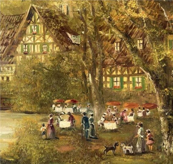H. King | A landscape with villagers eating in a park by a river ...