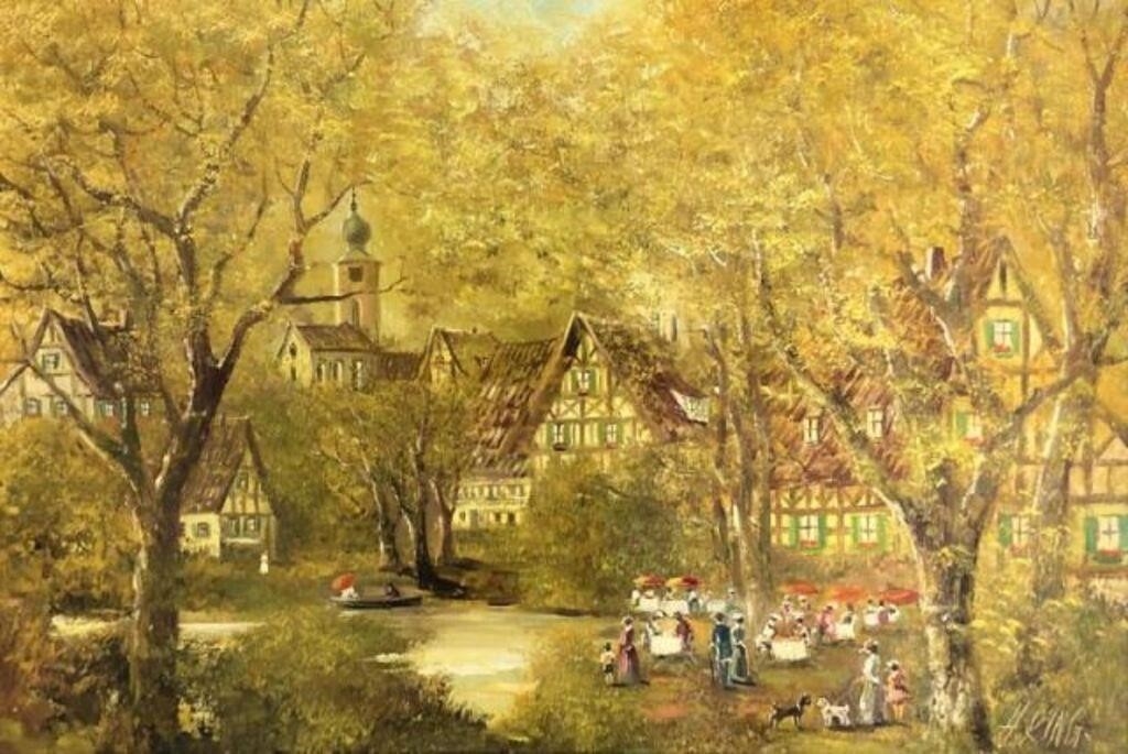 H. King | A landscape with villagers eating in a park by a river ...