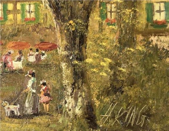 H. King | A landscape with villagers eating in a park by a river | MutualArt