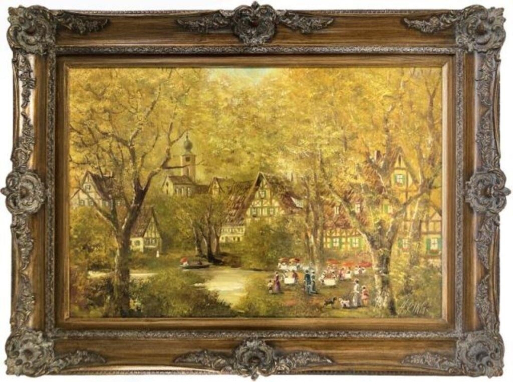 H. King | A landscape with villagers eating in a park by a river ...