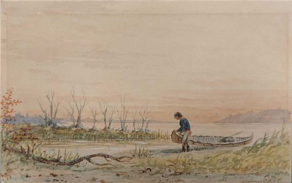 Edward Scrope Shrapnel | Frontiersman portaging his canoe by a lake ...