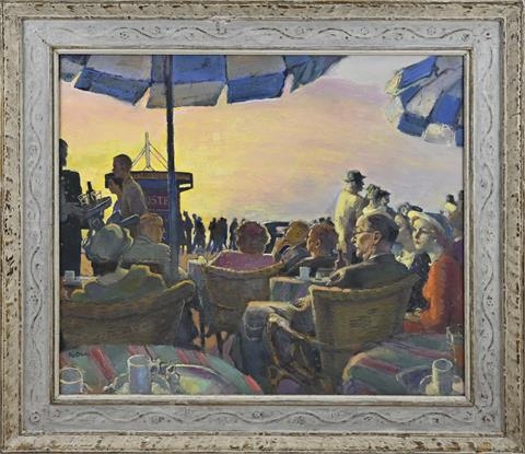 Pol Dom | Strandterras met figuren en kiosk | MutualArt