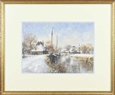 Gert-Jan Veenstra | Winters dorpsgezicht met rivier en boten | MutualArt