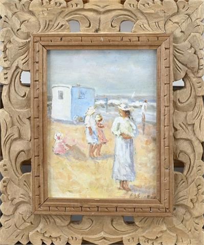 A. Woudstra | Strandgezicht met figuren en strandhut | MutualArt