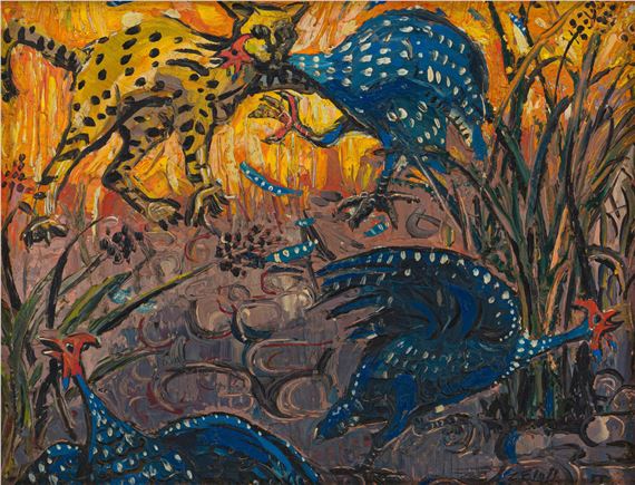 Zakkie Eloff | Serval and Guinea Fowl (55) | MutualArt