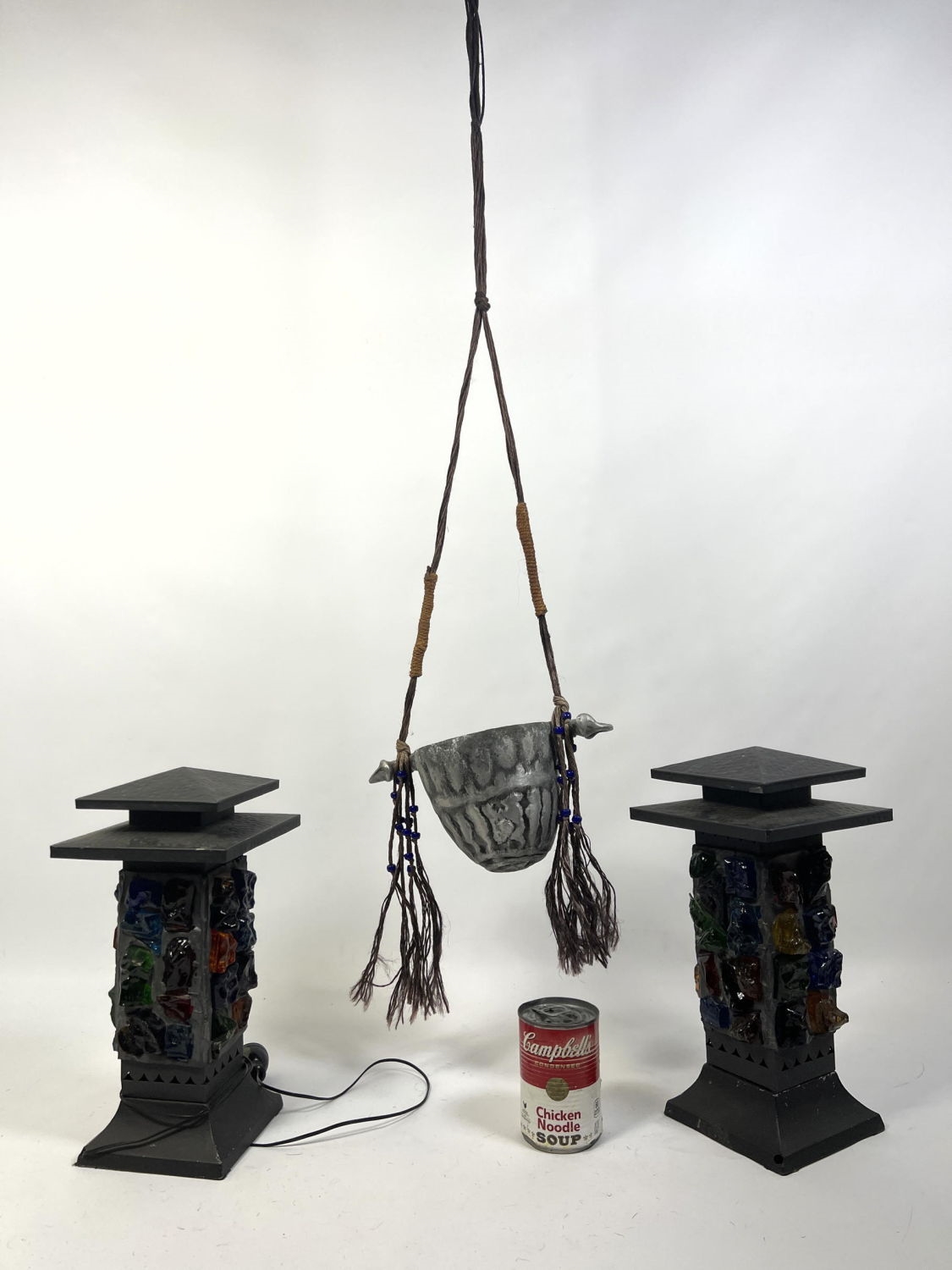 Don Drumm | Planter and a pair of colored rock chunk glass lanterns ...