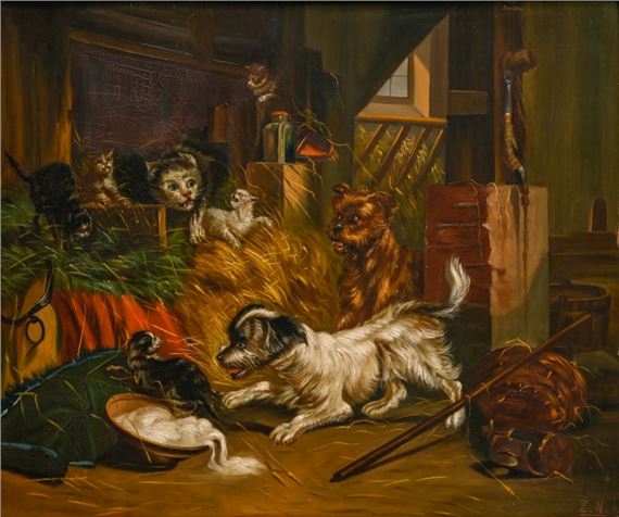 Zacharie Noterman | Animated scene with dogs and cats\ | MutualArt