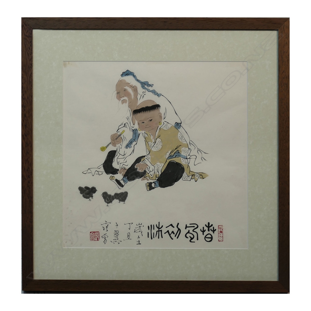 Fan Sheng Fu | Scene of a grandfather with pipe and grandson with three ...