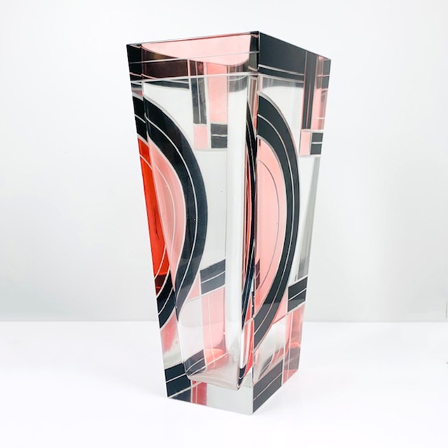 Karl Palda | Pink and black enamel glass trapezoid vase | MutualArt