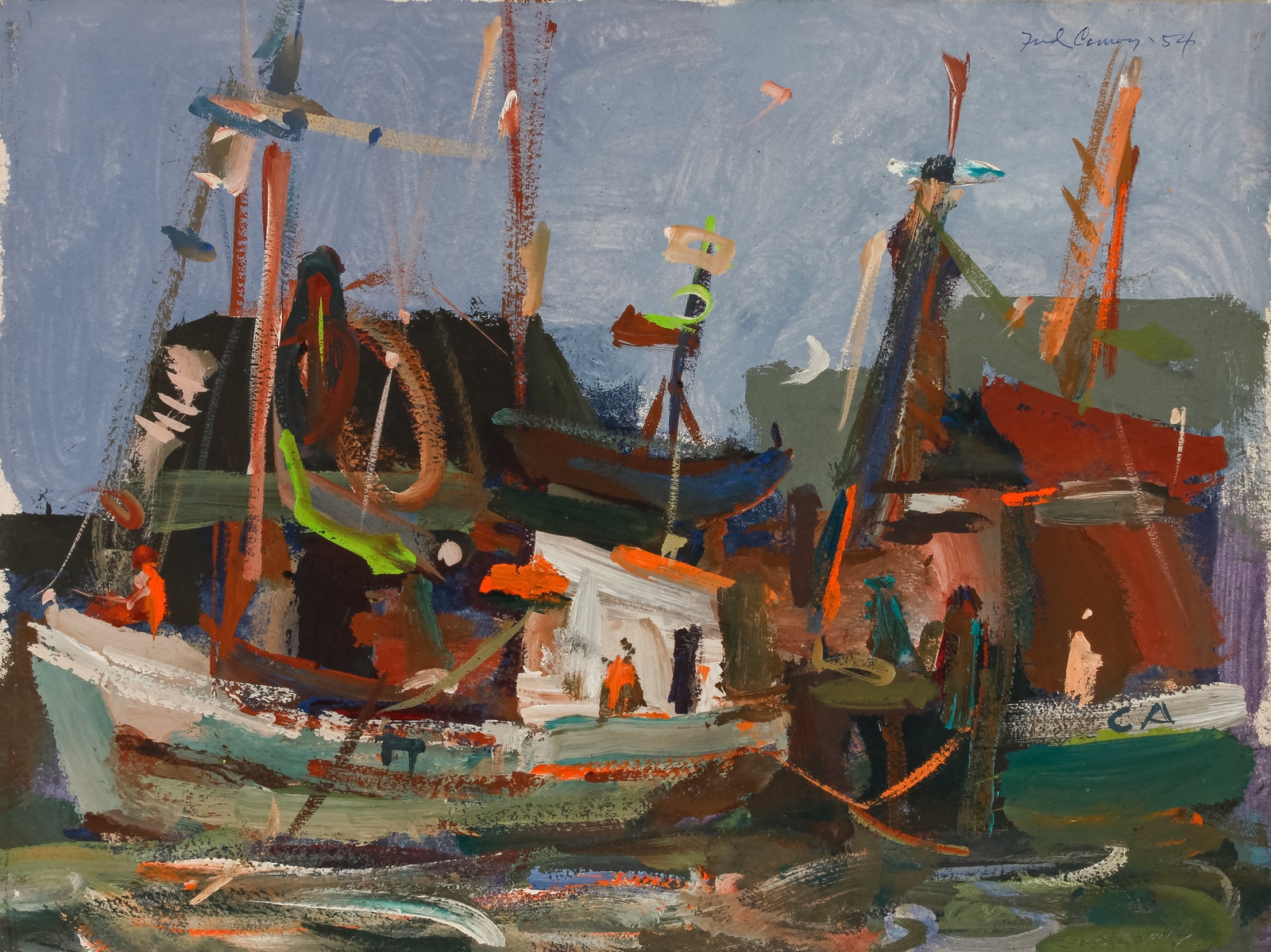 Fred Conway | Two works: Harbor scene and Village scene (1954) | MutualArt