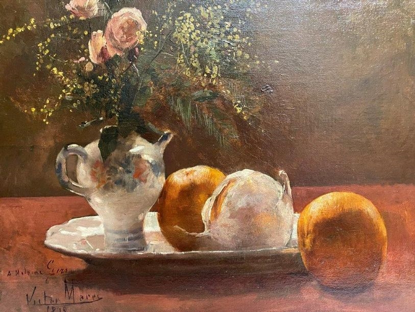 Victor Marec | Nature morte au vase fleuri et oranges (1890) | MutualArt