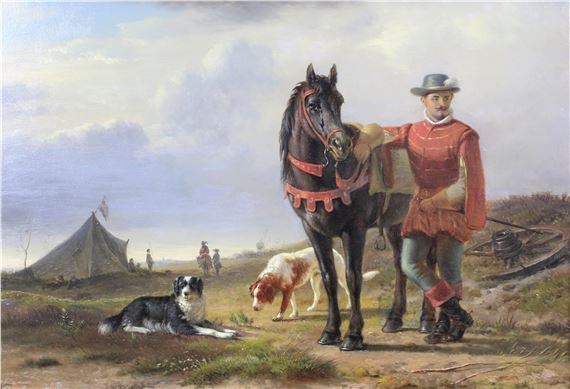 Frans Lebret | Rustende soldaat met zijn paard en honden | MutualArt