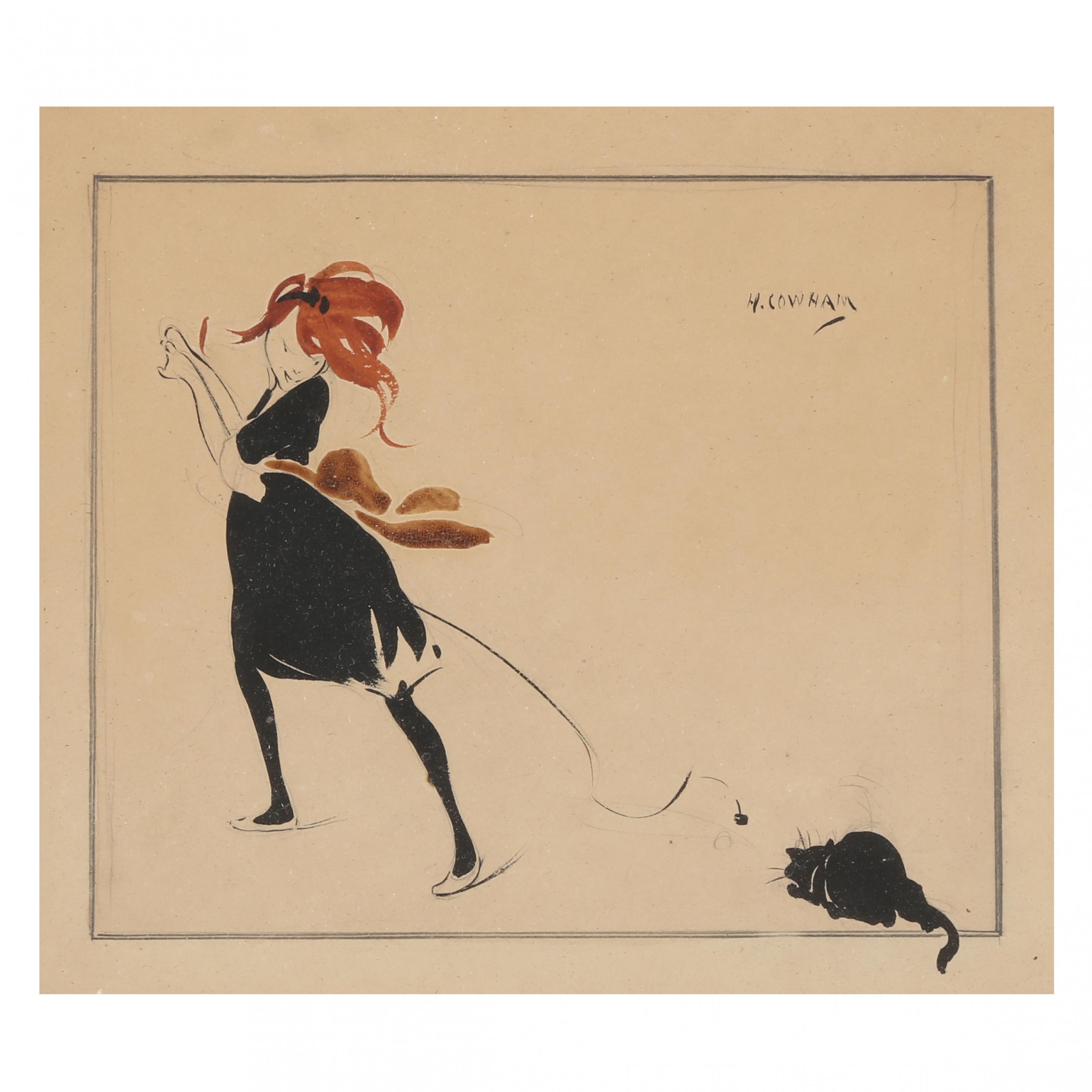 Hilda Gertrude Cowham | Small Illustration of a Woman and Cat | MutualArt