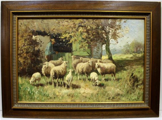 Piet Bouter | Herder met kudde schapen voor de stal | MutualArt