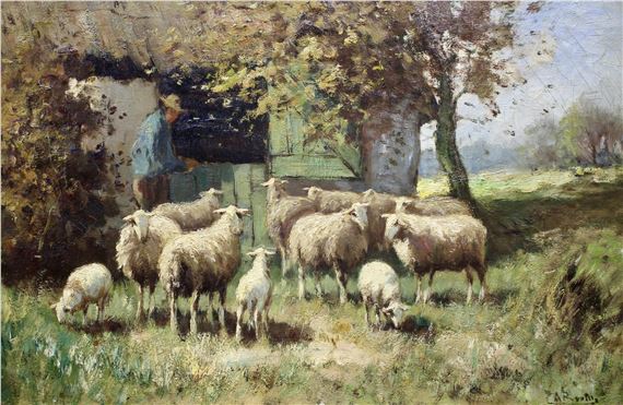 Piet Bouter | Herder met kudde schapen voor de stal | MutualArt