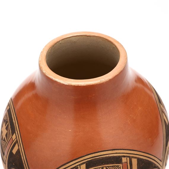 Dextra Quotskuyva | Tall semi-ovoid jar painted with bird tails flanked ...