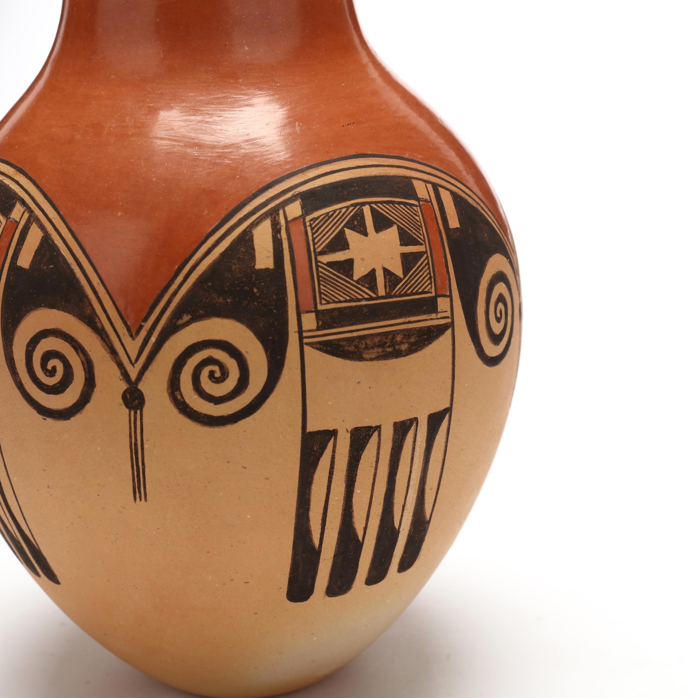 Dextra Quotskuyva | Tall semi-ovoid jar painted with bird tails flanked ...