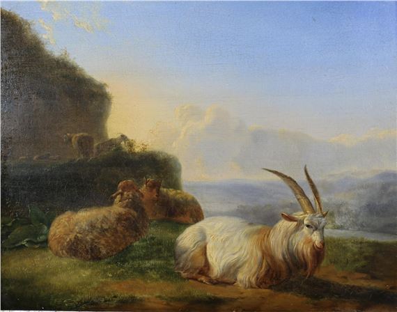 Balthasar Paul Ommeganck | Bok en schapen in een bergachtig landschap ...