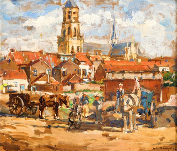 Oscar Van Rompay | View of the St. Gummarus Church in Lier with figures ...