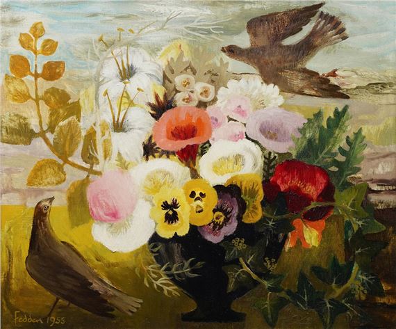 Mary Fedden | STILL LIFE OF FLOWERS IN A BLACK URN (1955) | MutualArt