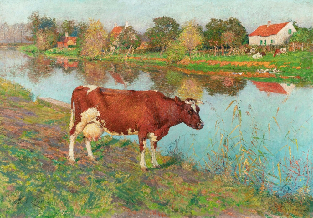 Emile Claus | A Cow by the River Lys (1895) | MutualArt