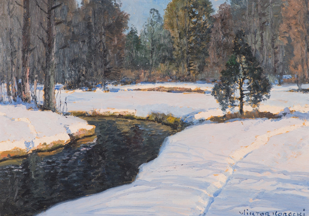 Wiktor Korecki | Winter Landscape with Creek and Forest | MutualArt