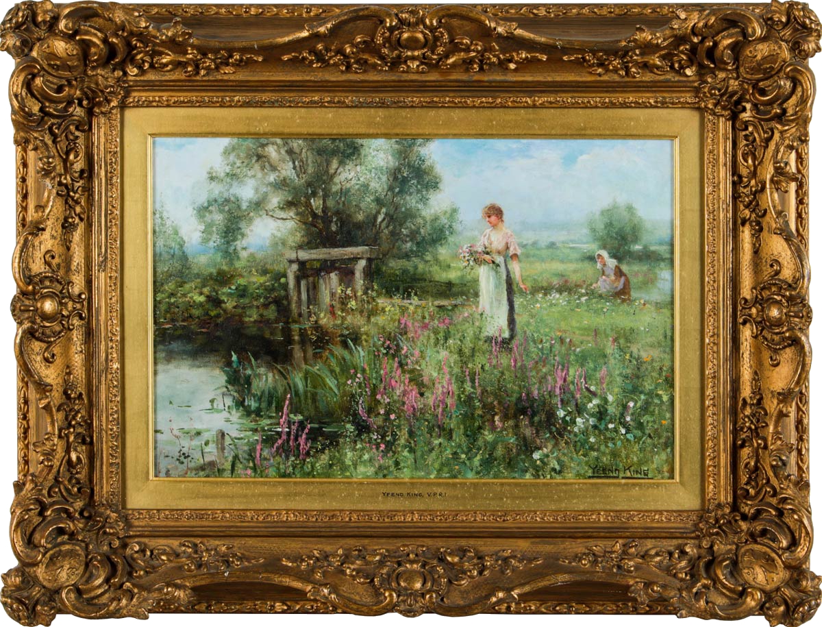 John Henry Yeend King | YOUNG GIRL PICKING WILD FLOWERS | MutualArt