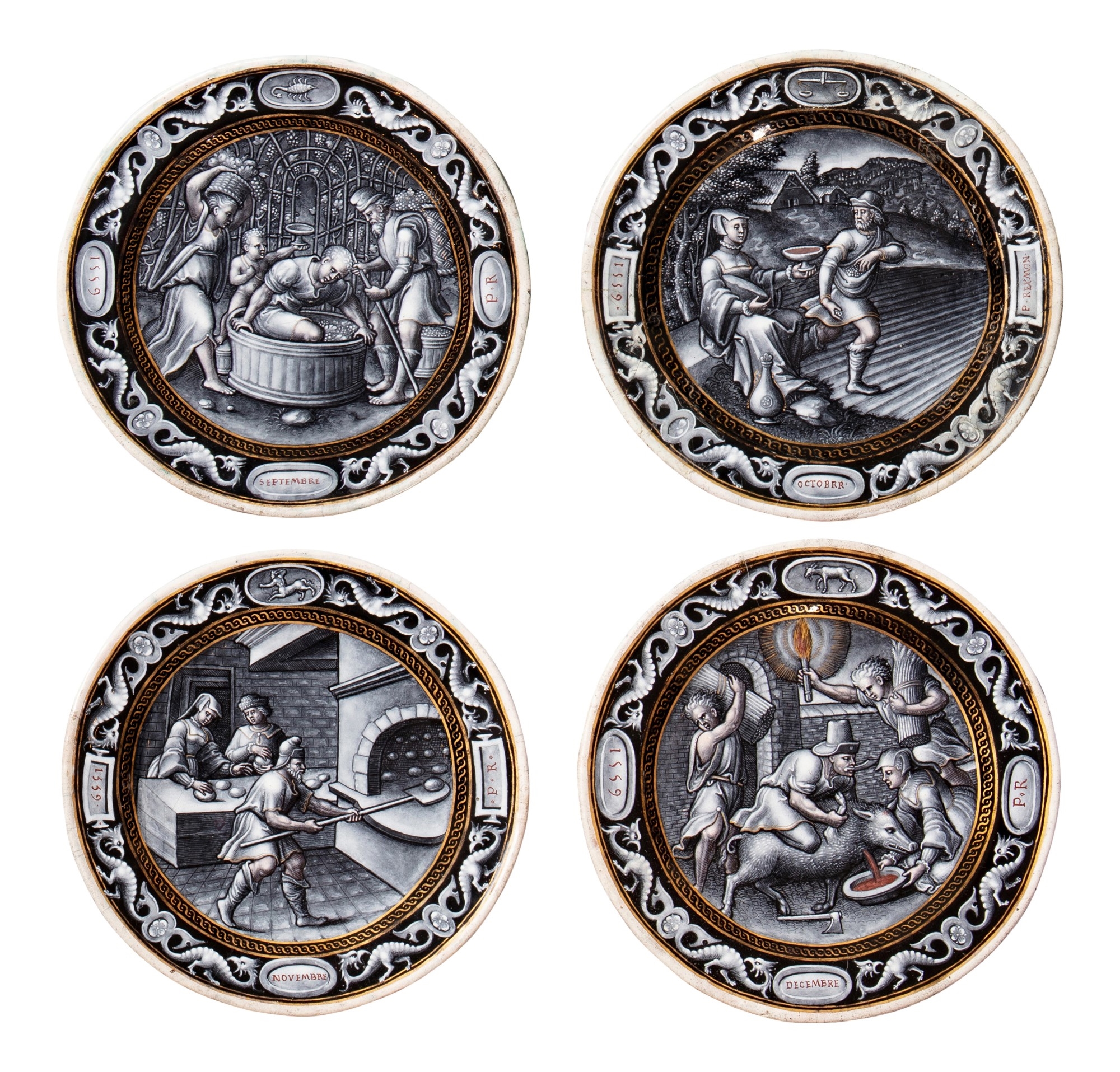 Pierre Reymond | A set of twelve Limoges grisaille painted enamel ...