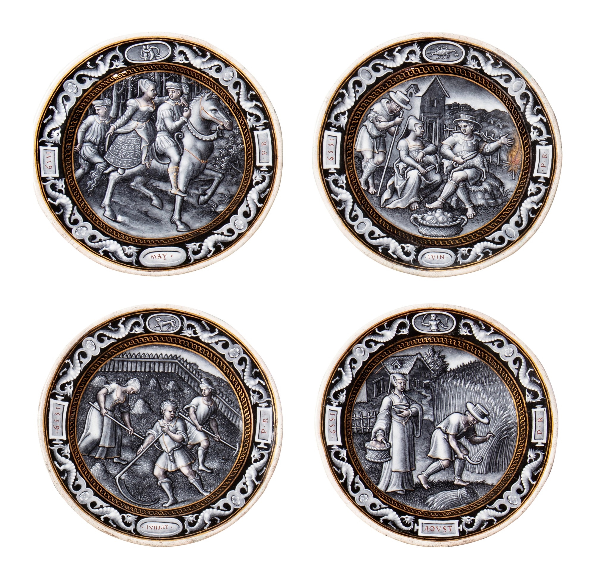 Pierre Reymond | A set of twelve Limoges grisaille painted enamel ...