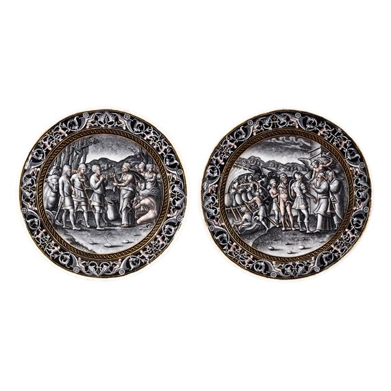 Pierre Reymond | A pair of Limoges grisaille painted enamel plates with ...