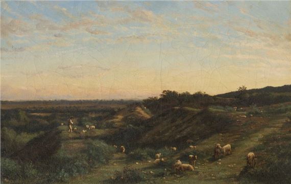 Louis Victor Legentile | Shepherd and his flock in the hills at sunset ...