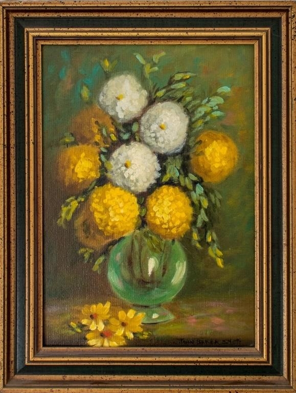 John Baker Smith | still life depicting a bunch of white and yellow flowers in a glass vase ...