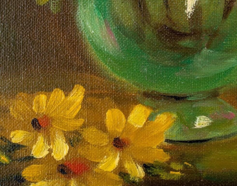 John Baker Smith | still life depicting a bunch of white and yellow flowers in a glass vase ...