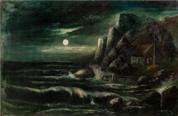 William Lemos | untitled oil on canvas depicting a seascape by night ...