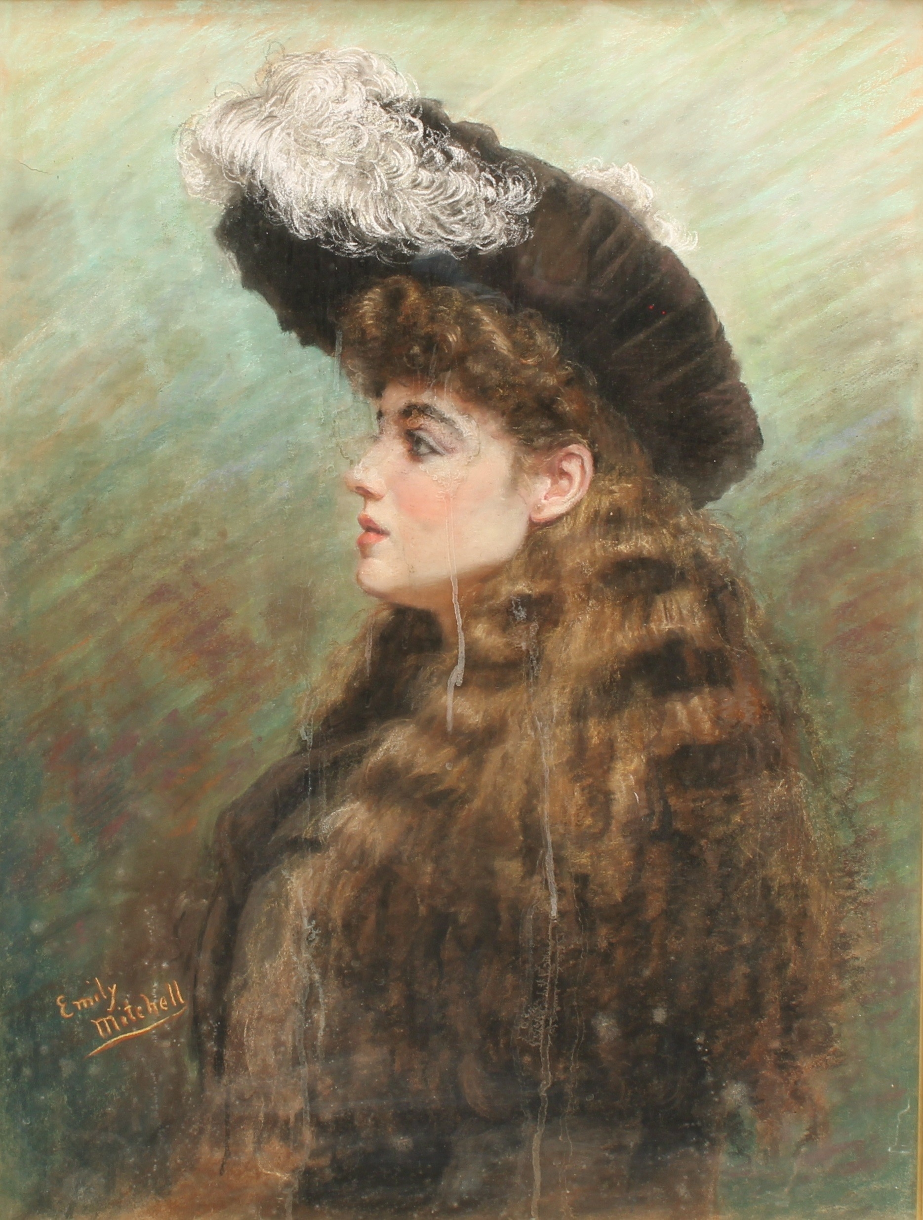 Emile Michel | Portrait of a Young Girl in a Feather Bonnet | MutualArt