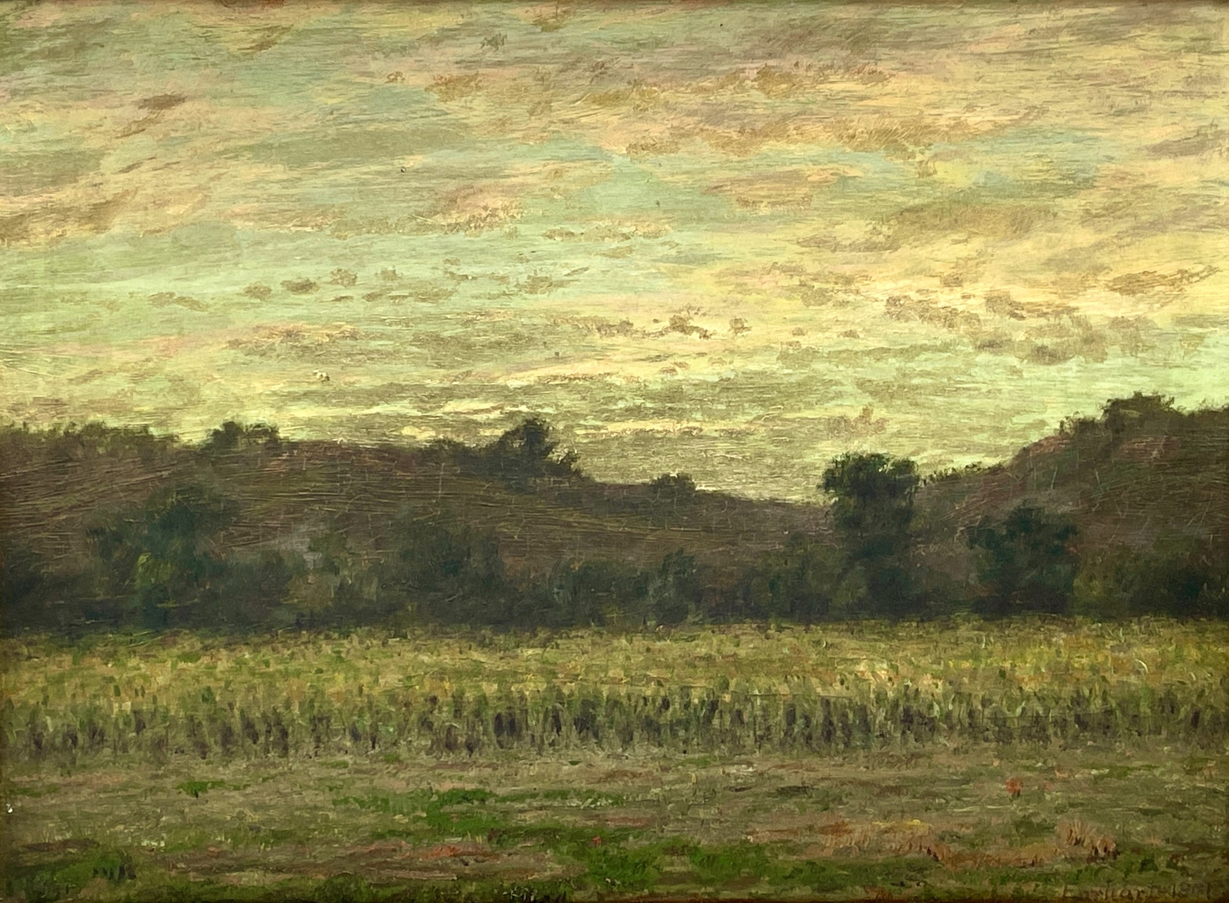 John Earhart | Oil on masonite board of a meadow, with hillside to the ...