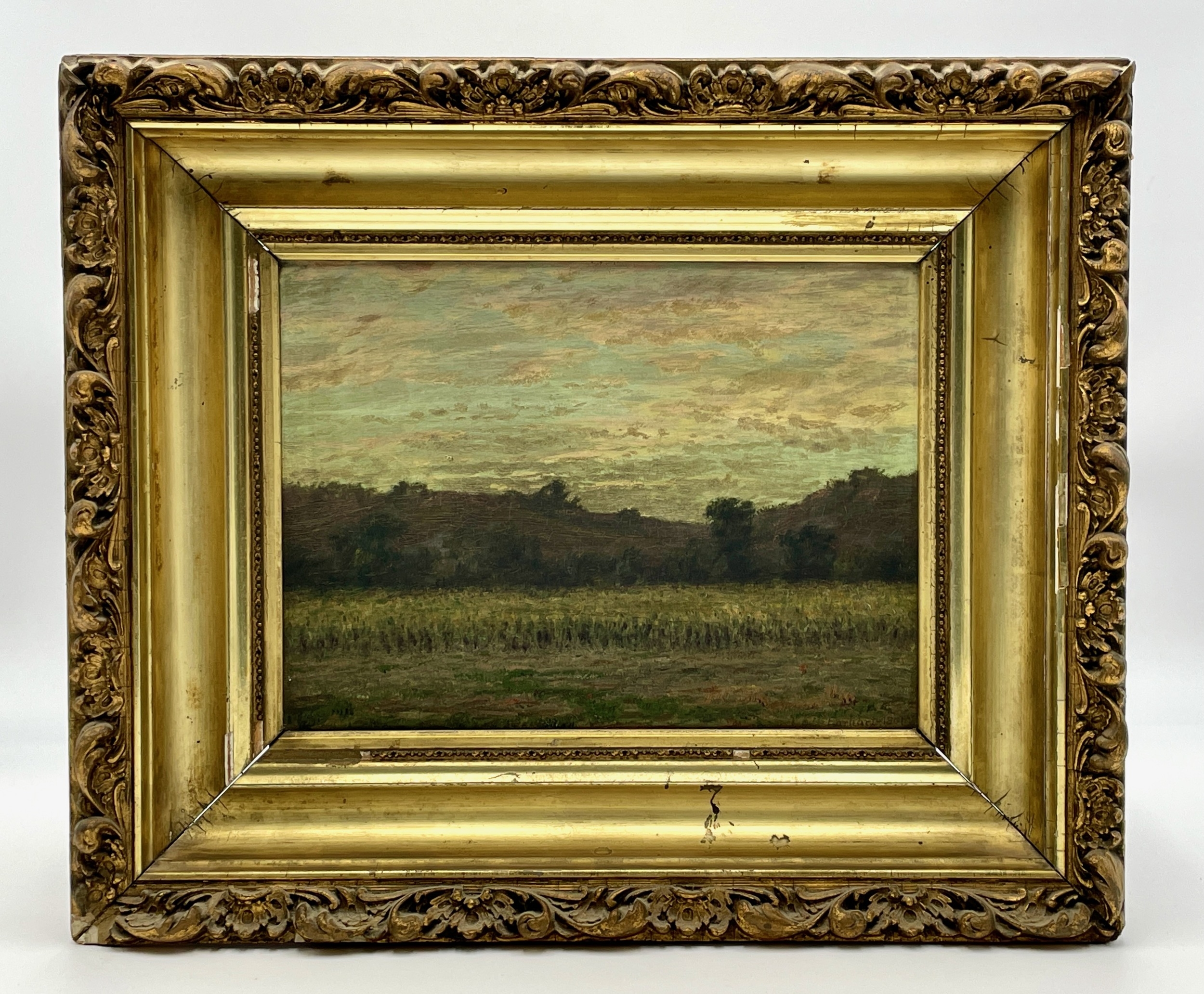John Earhart | Oil on masonite board of a meadow, with hillside to the ...