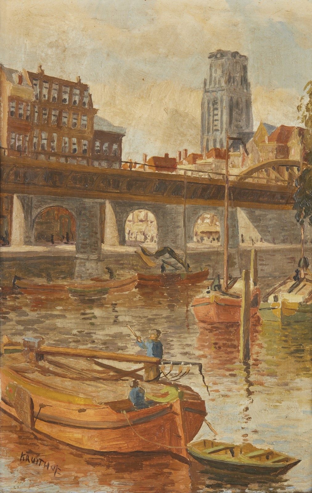 Cornelis Pieter Kruithof | Dutch channel with boats and characters ...