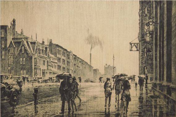 Martin Lewis | Rain on Murray Hill (1928) | MutualArt