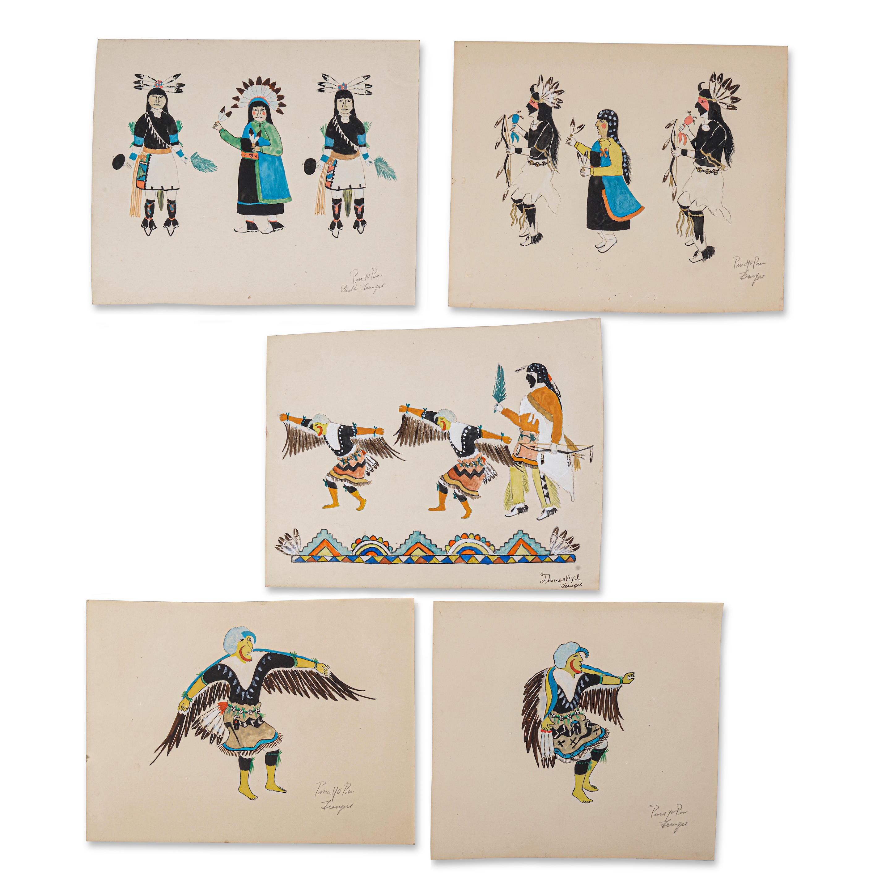 Thomas Vigil | Depicting a single eagle dancer and three paintings depicting trios of dancers ...