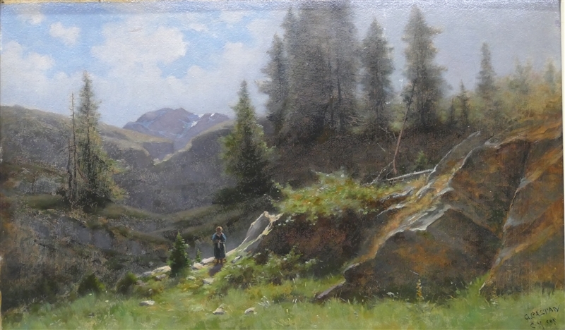 Gustave Castan | Frau vor bewaldeter Hochgebirgskulisse | MutualArt