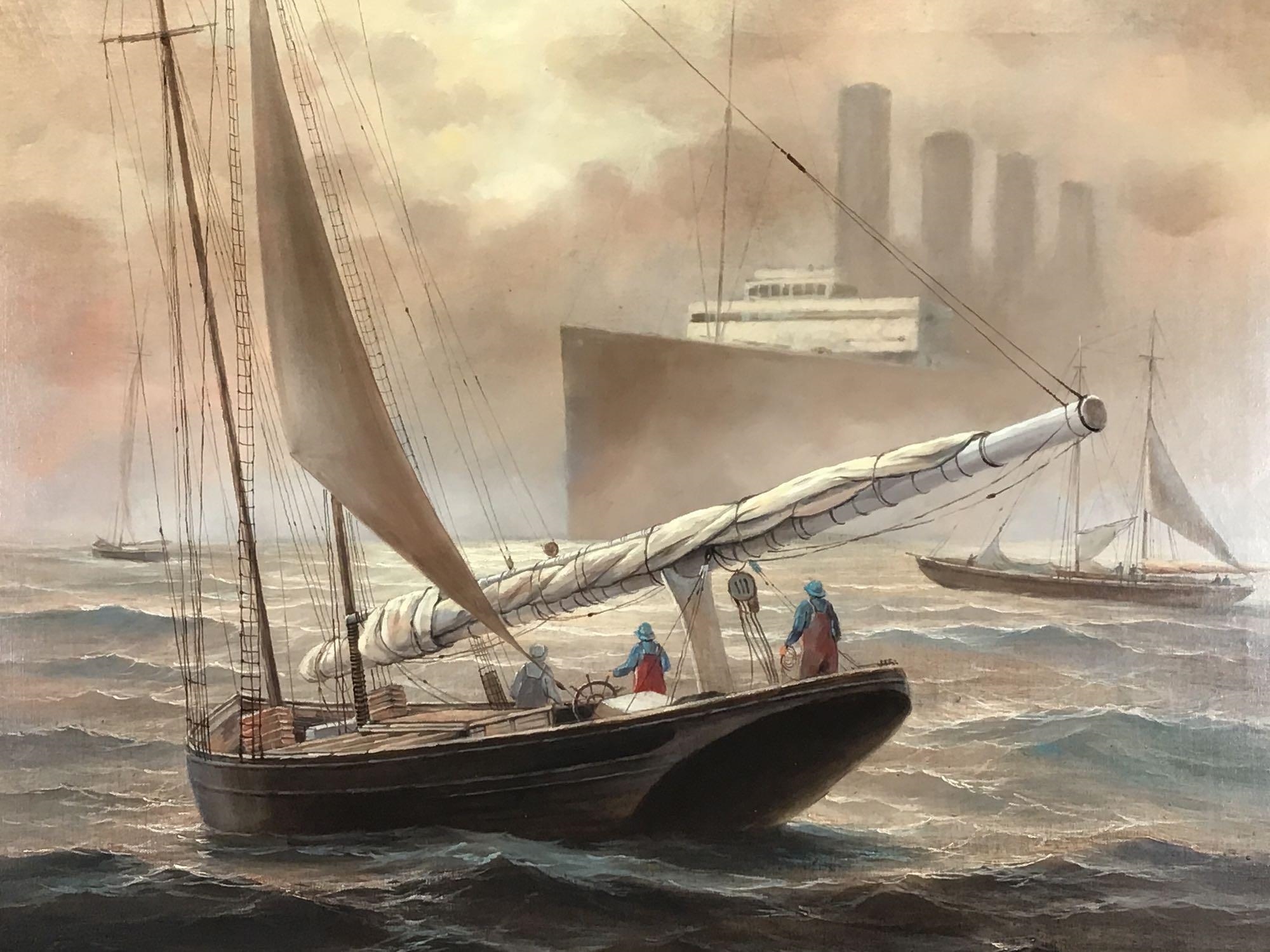 Thomas M. Hoyne | Misty ocean scene with masted ship and larger ...