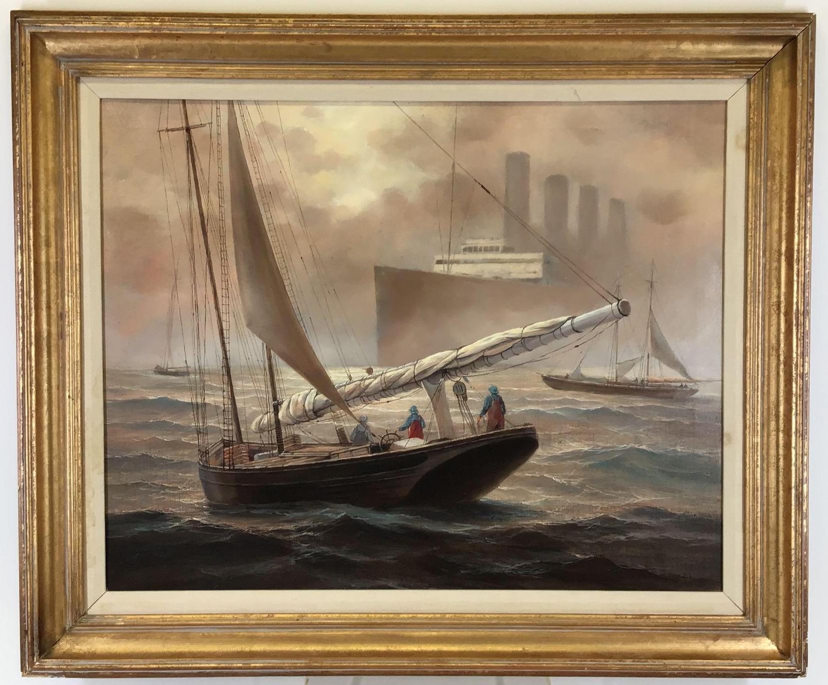 Thomas M. Hoyne | Misty ocean scene with masted ship and larger ...