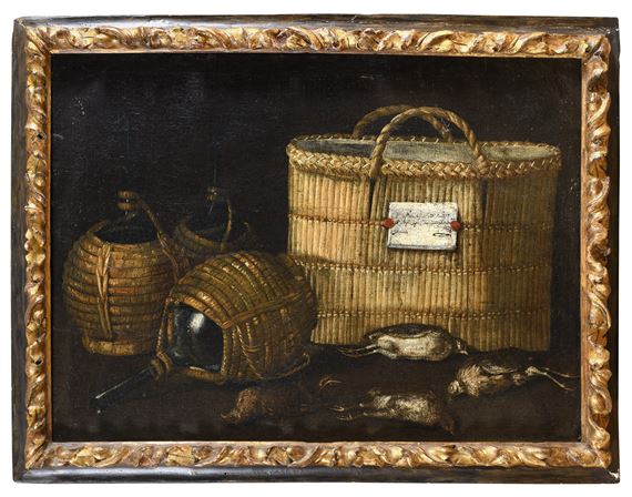Pittore di Rodolfo Lodi | CESTA IN VIMINI CON FIASCHI E CACCIAGIONE ...