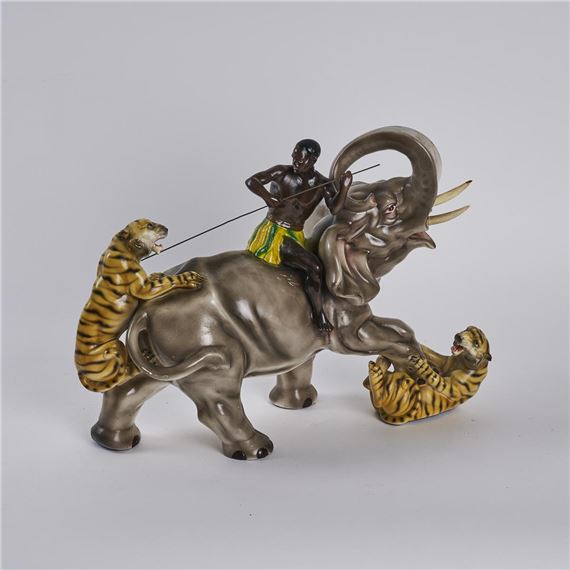 Portuguese School, 20th Century | Mahout Warrior Elephant Tiger Statue ...
