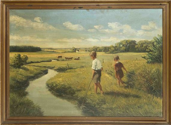 Frederick Ellgaard | Rural idyll with a pair of siblings by a stream ...