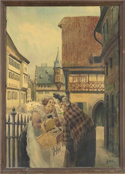 Johann Bahr | Two old people at the market place marvelling at a goose ...